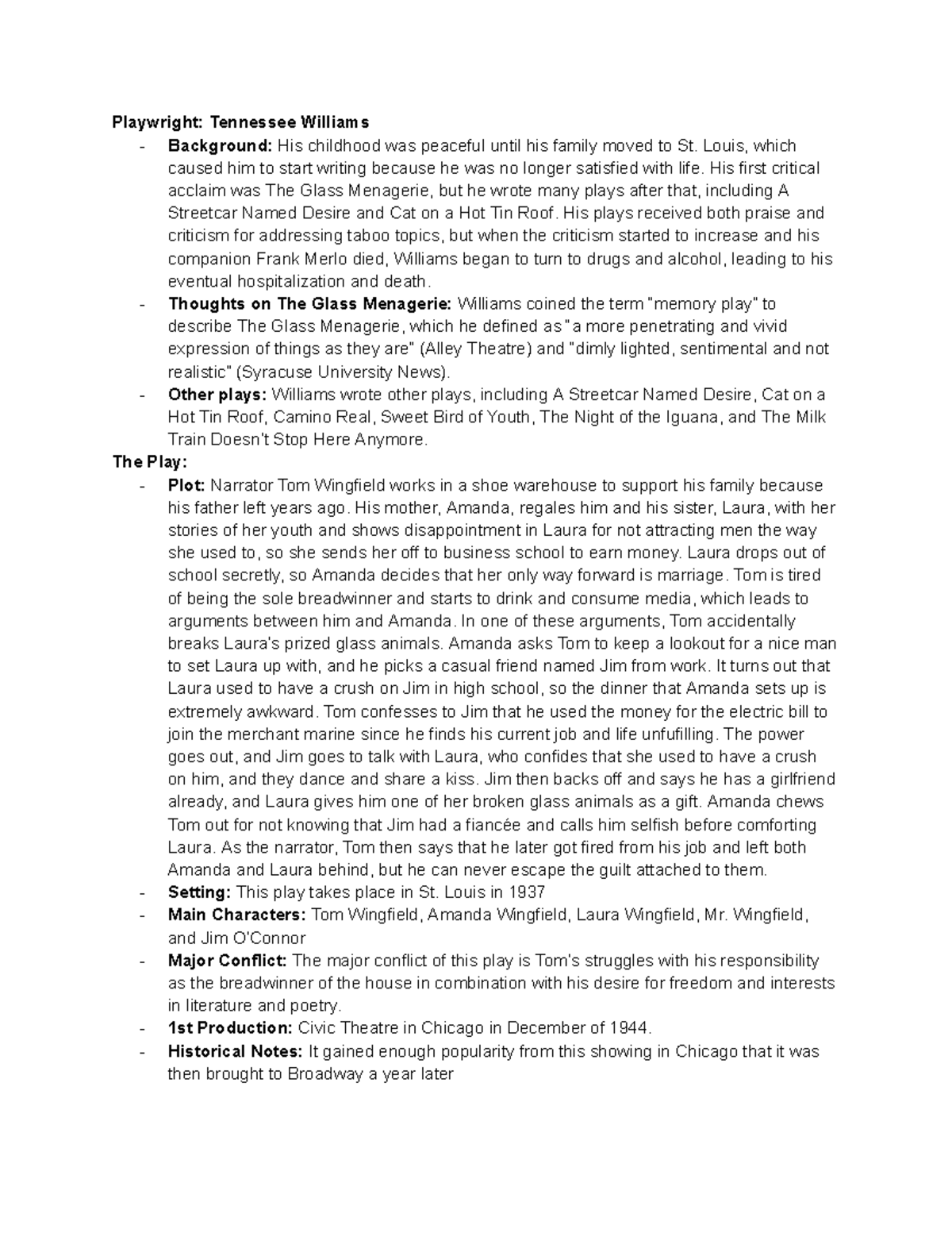 Tennessee Williams' The Glass Menagerie: A Study Guide - Studocu