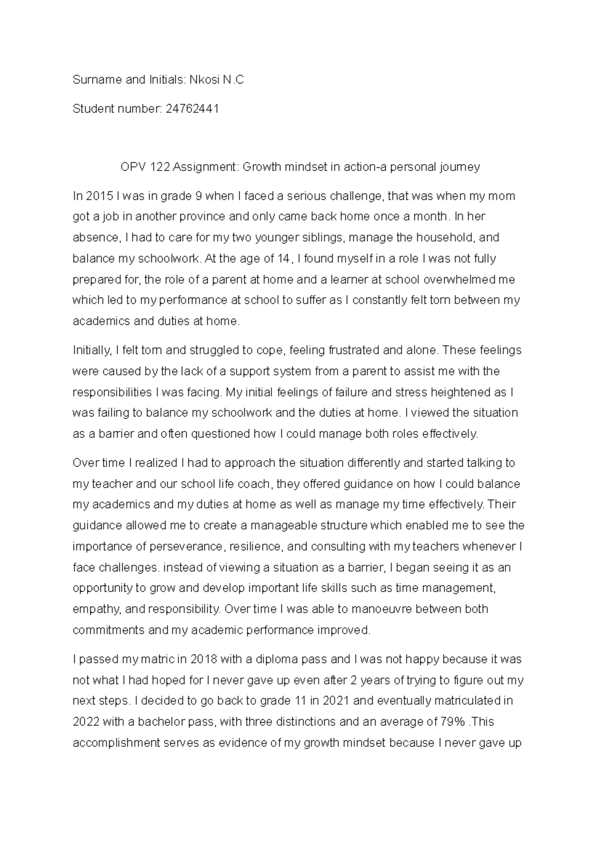 OPV 122 Assignment: Embracing Growth Mindset in My Journey - Studocu