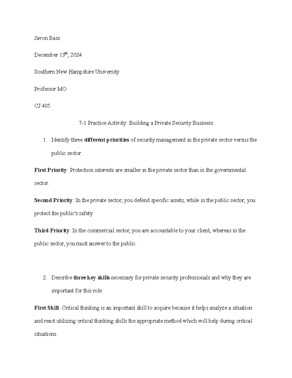 CJ 405 7-1 Activity: Key Priorities in Private Security Management ...