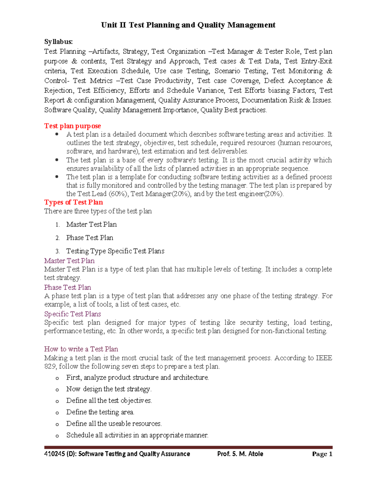 Lecture 3 Unit II Test Planning and Quality Management - Unit II Test ...