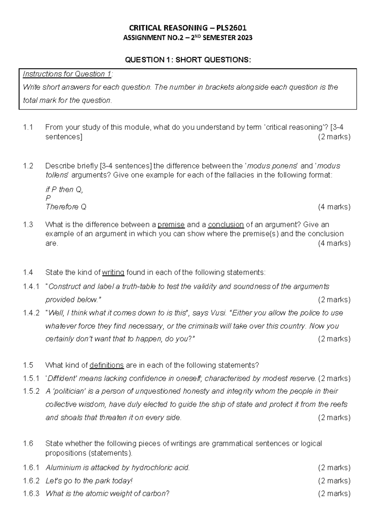 PLS2601 Critical Reasoning Assignment 2 - 2nd Semester 2023 - Studocu