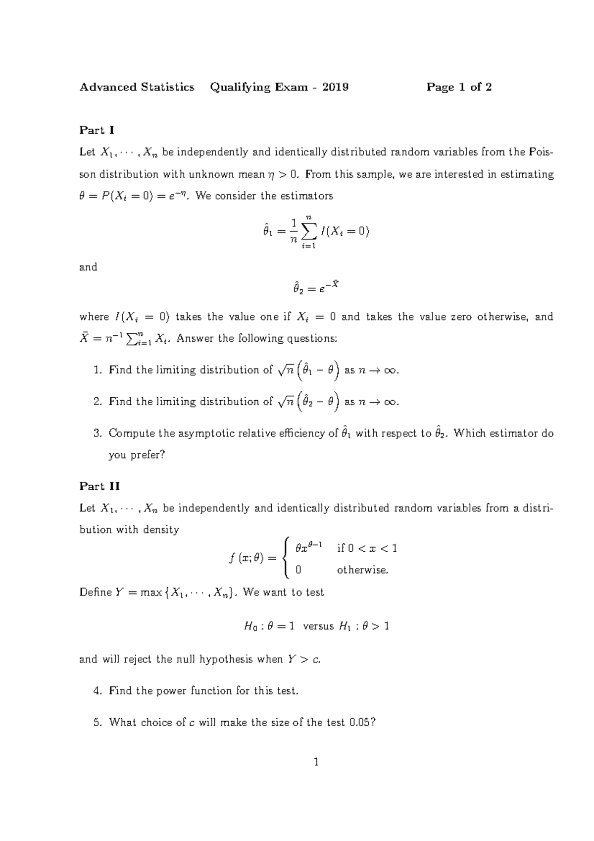 Advanced Statistics Qualifying Exam 2019 - Part I & II - Studocu
