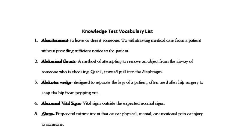 Nursing Assistant Vocabulary List: Key Terms and Definitions - Studocu