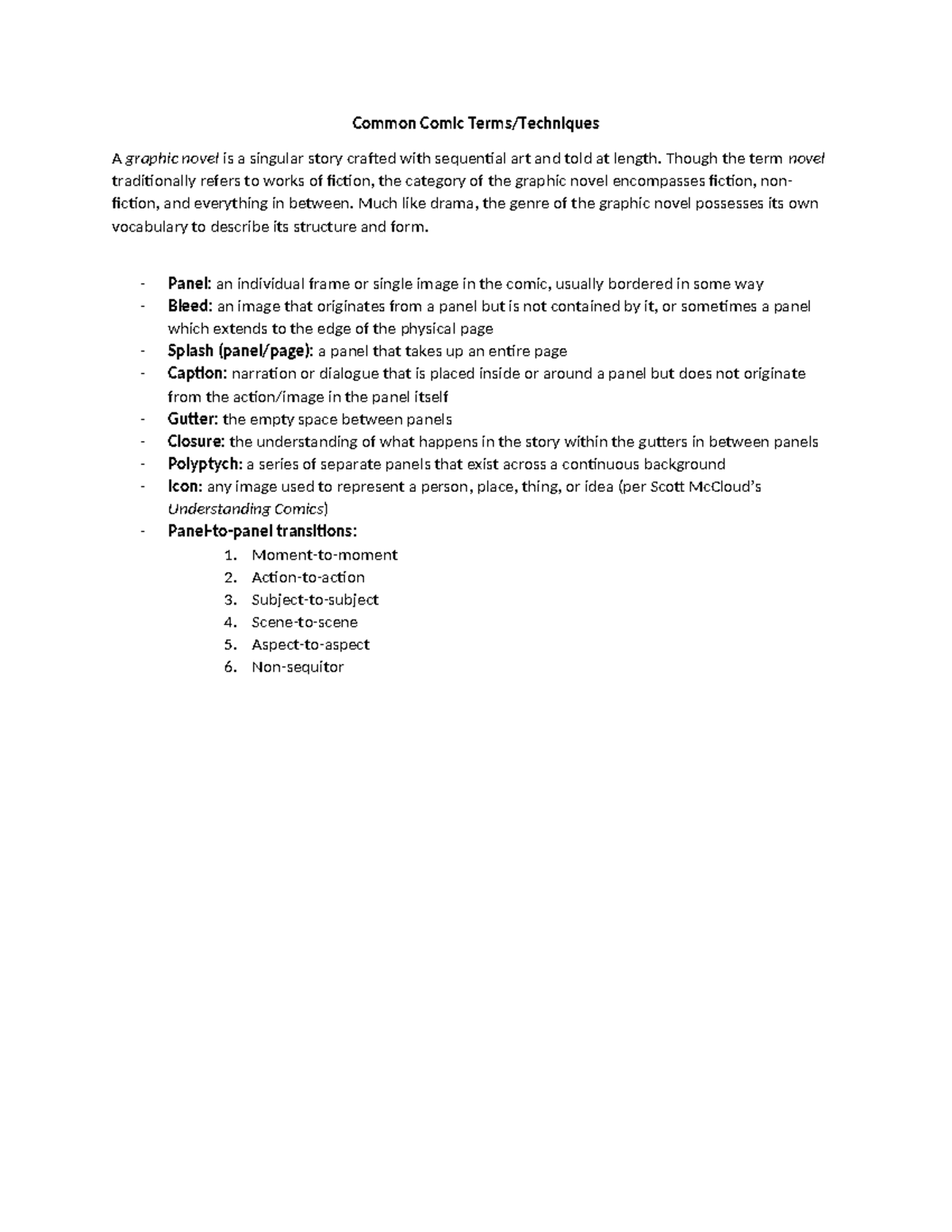 Common Comic Terms - LAt: Understanding Graphic Novels - Studocu