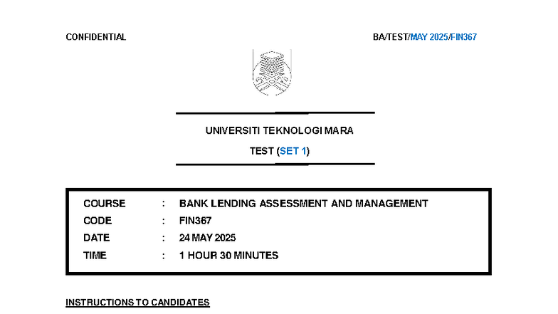 FIN367 Midterm Test Set 1: Bank Lending Assessment & Management - Studocu