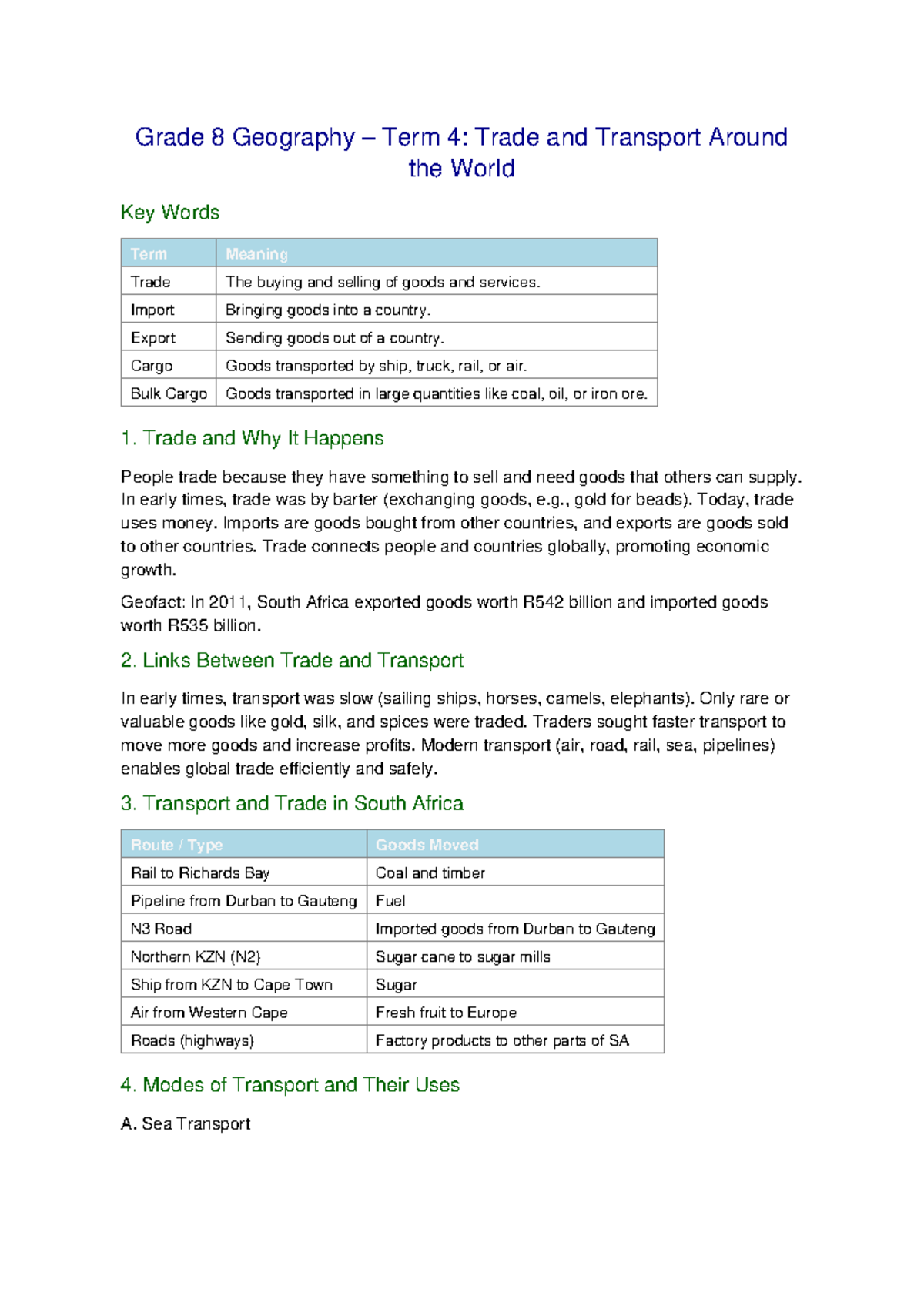 Grade 8 Geography Term 4: Detailed Study on Trade & Transport - Studocu