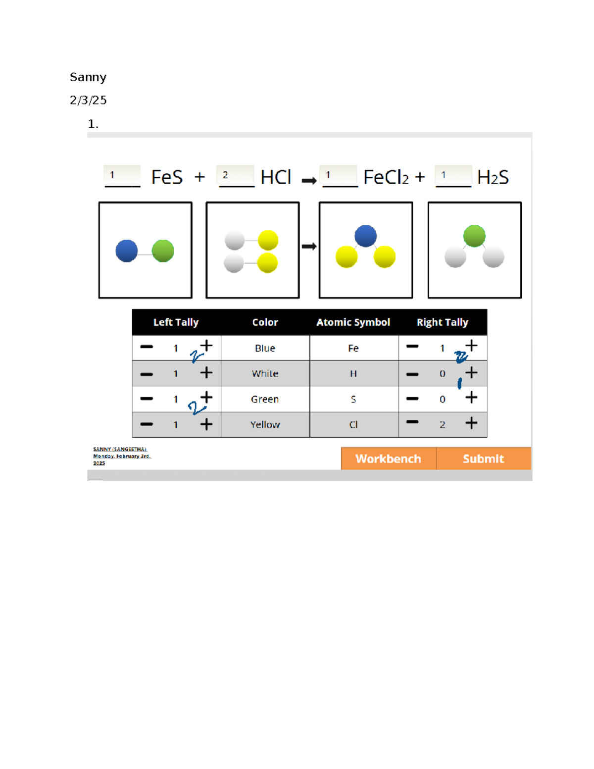 LAB 2 - CHEM 1011 - Sanny 2/3/ - FeS + 2HCl → FeCl₂ + H₂S FeS: Iron(II ...