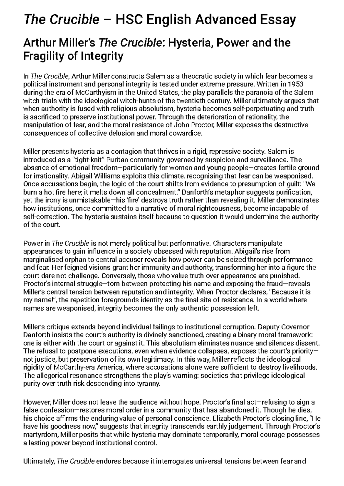 HSC English Advanced The Crucible: Hysteria, Power & Integrity Essay ...