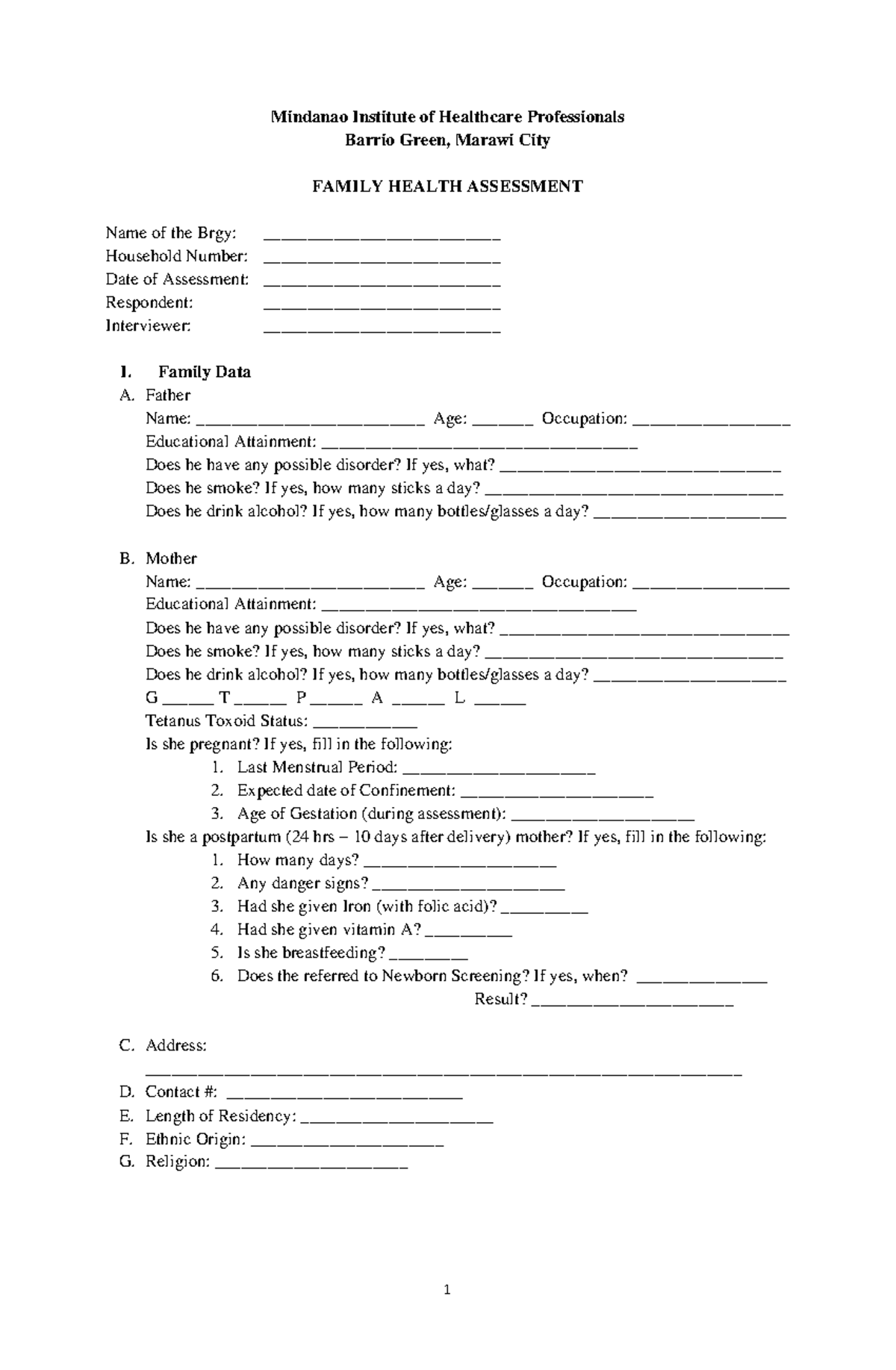 FHA Assessment Form - MIHP Nursing File - Studocu