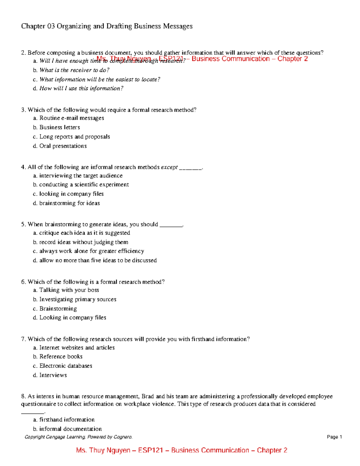 Chapter 03 Test Bank: Organizing & Drafting Business Messages ESP 121 ...