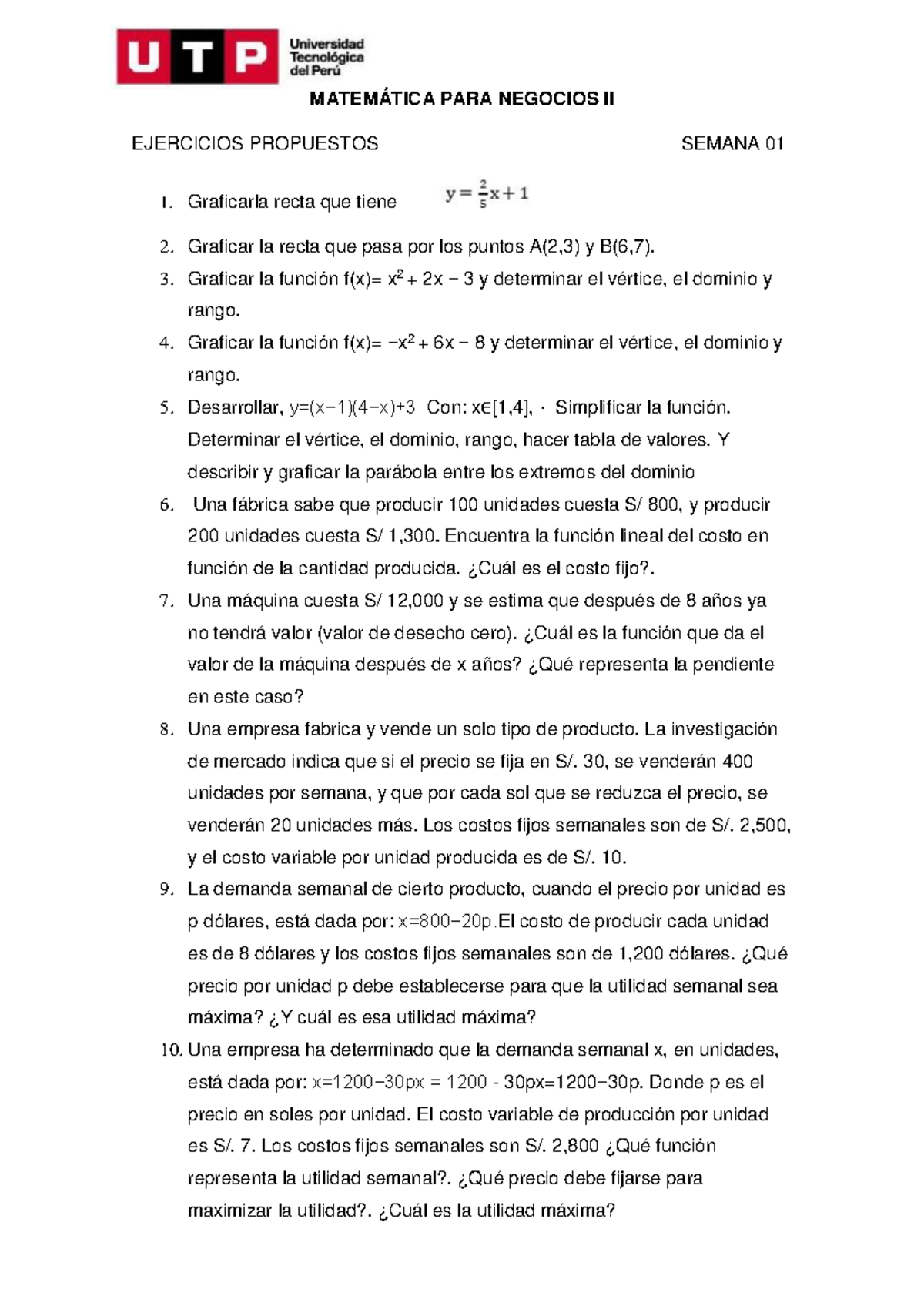 MAT 202 EJERCICIOS PROPUESTOS SEMANA 01 - MATEMÁTICA PARA NEGOCIOS II - Studocu