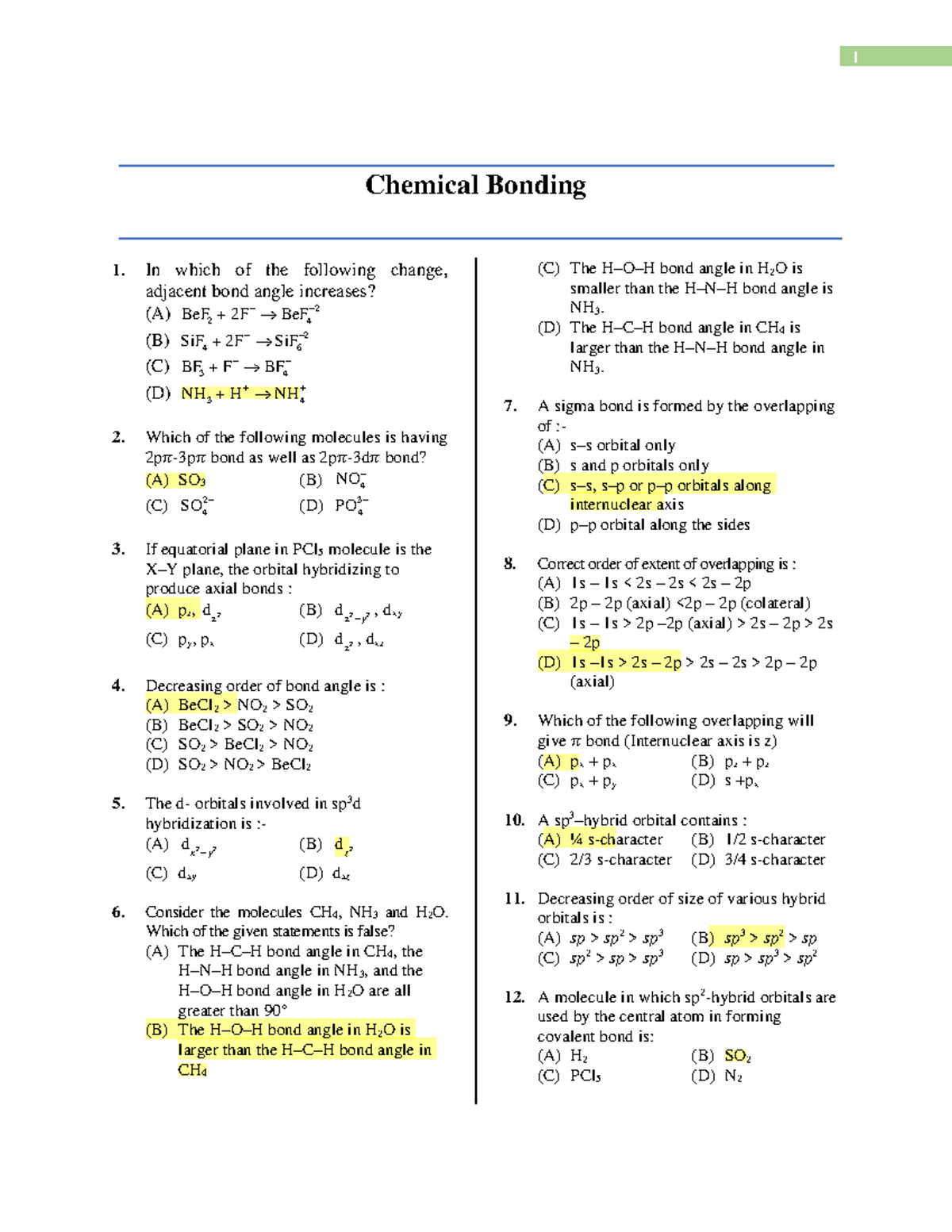 Chemical Bonding Practice Questions and Answers (CHEM101) - Studocu