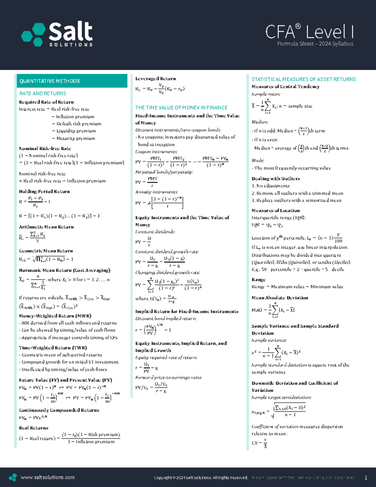CFA Level I 2024 Formula Sheet for Quantitative Methods and Finance - Studocu