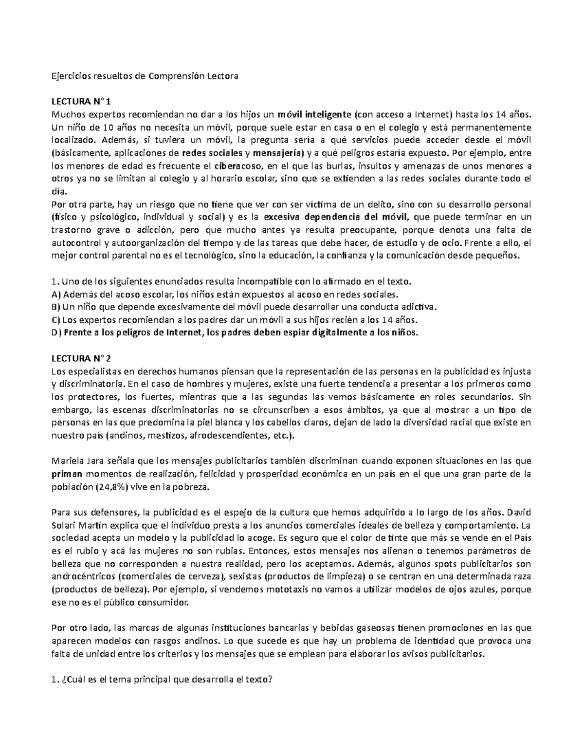 Ejercicios Resueltos de Comprensión Lectora: Análisis y Respuestas ...
