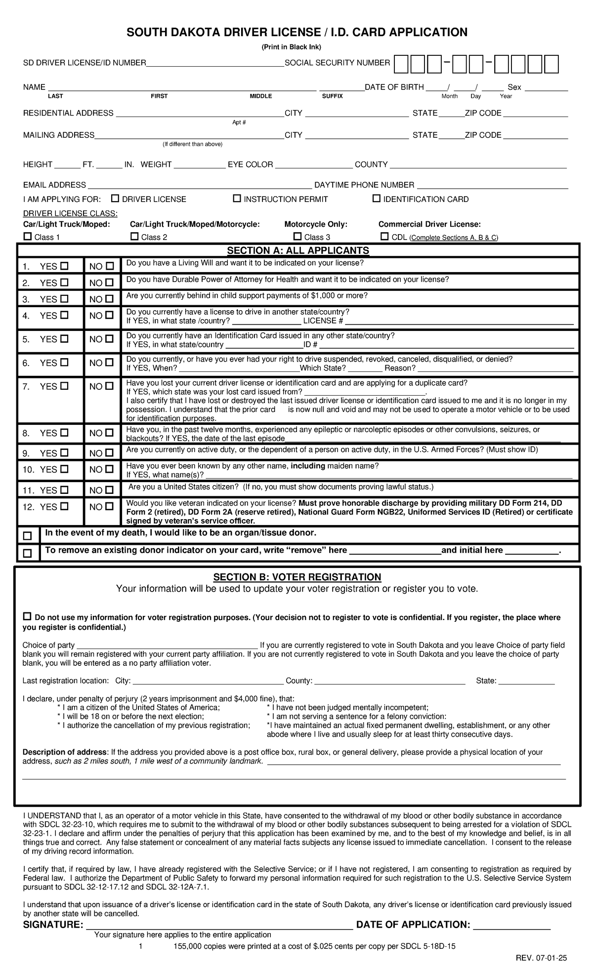 SD Driver License & ID Card Application Form (Print in Black Ink) - Studocu