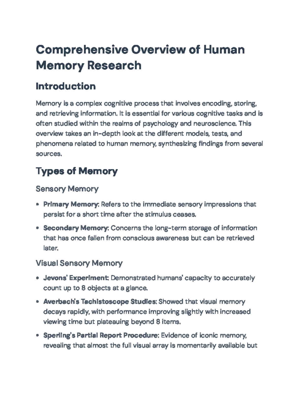 Comprehensive Overview of Human Memory (PSY 101 - Lecture Notes ...