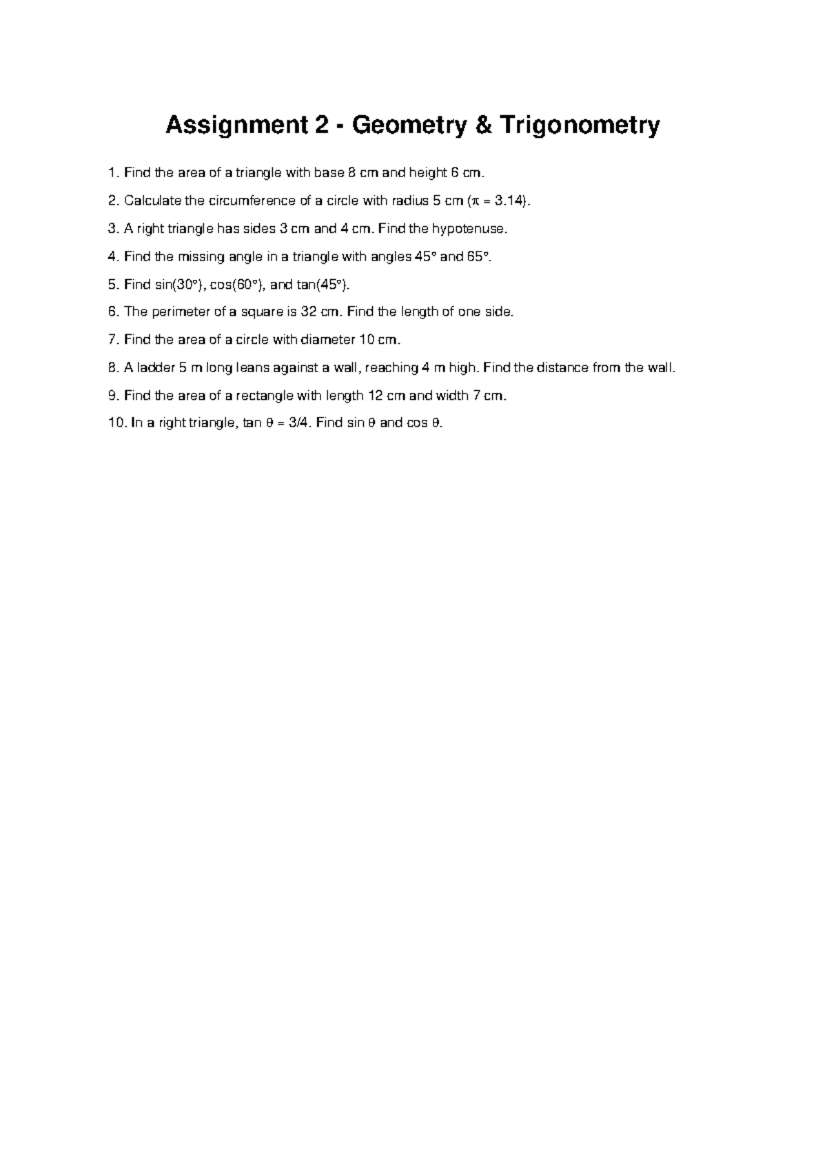 Maths Assignment 2: Geometry & Trigonometry Problems - Studocu