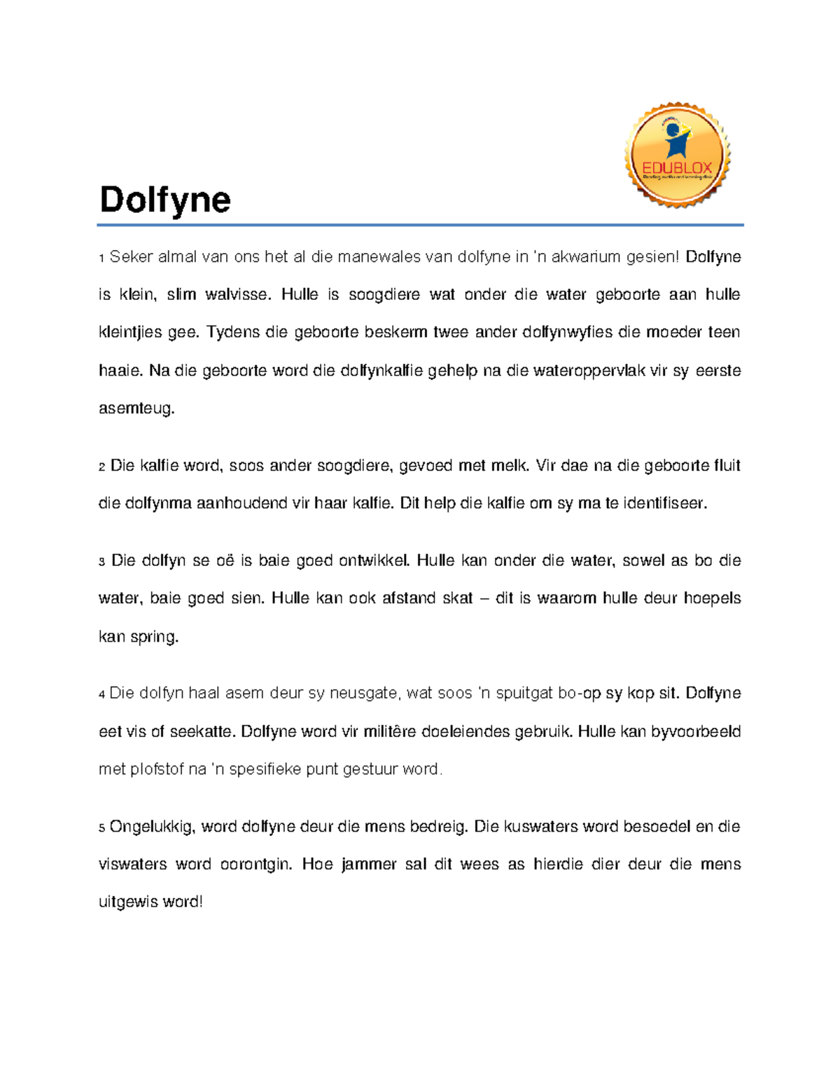 Afrikaanse Begripstoets: Dolfyne - Inligting en Vrae - Studocu