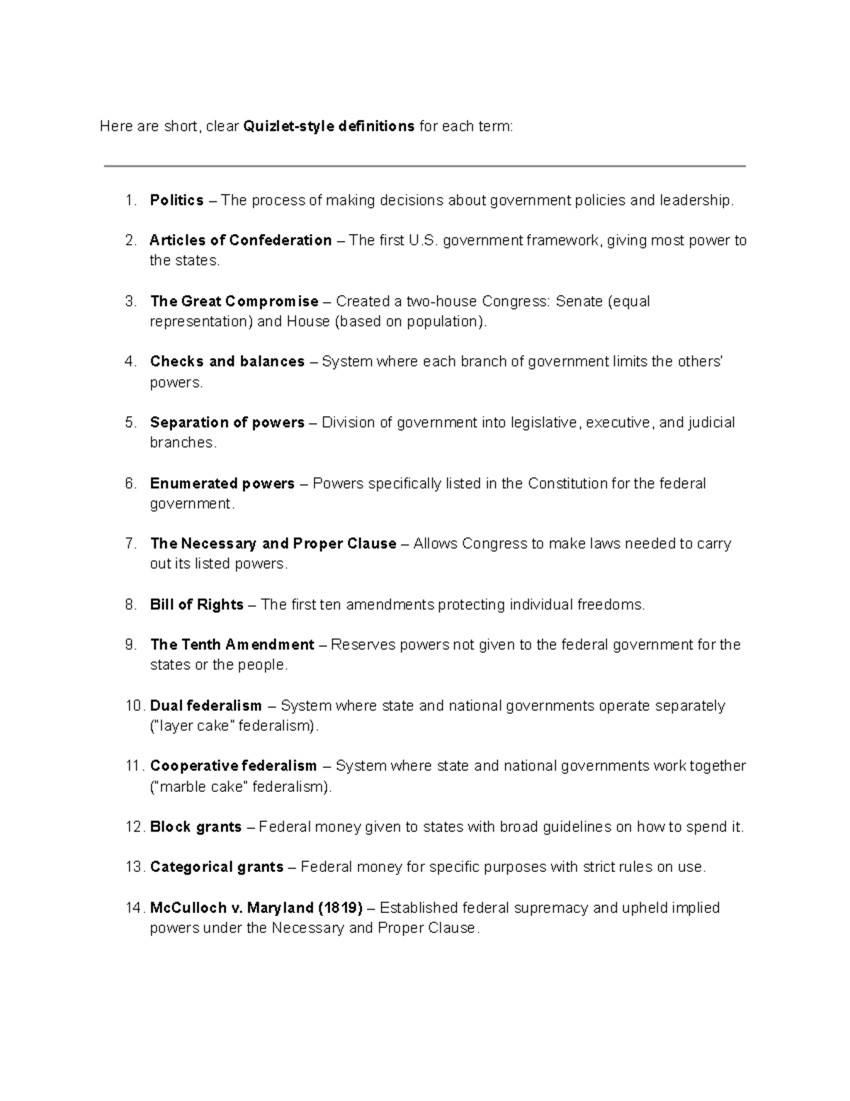 AP Government Key Terms Quizlet Definitions - Studocu
