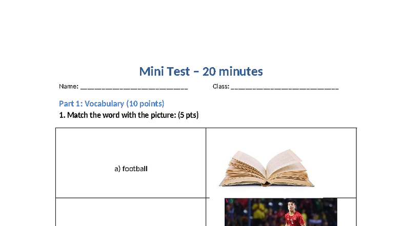 English Test Grade 2: Vocabulary & Grammar Mini Test - Studocu