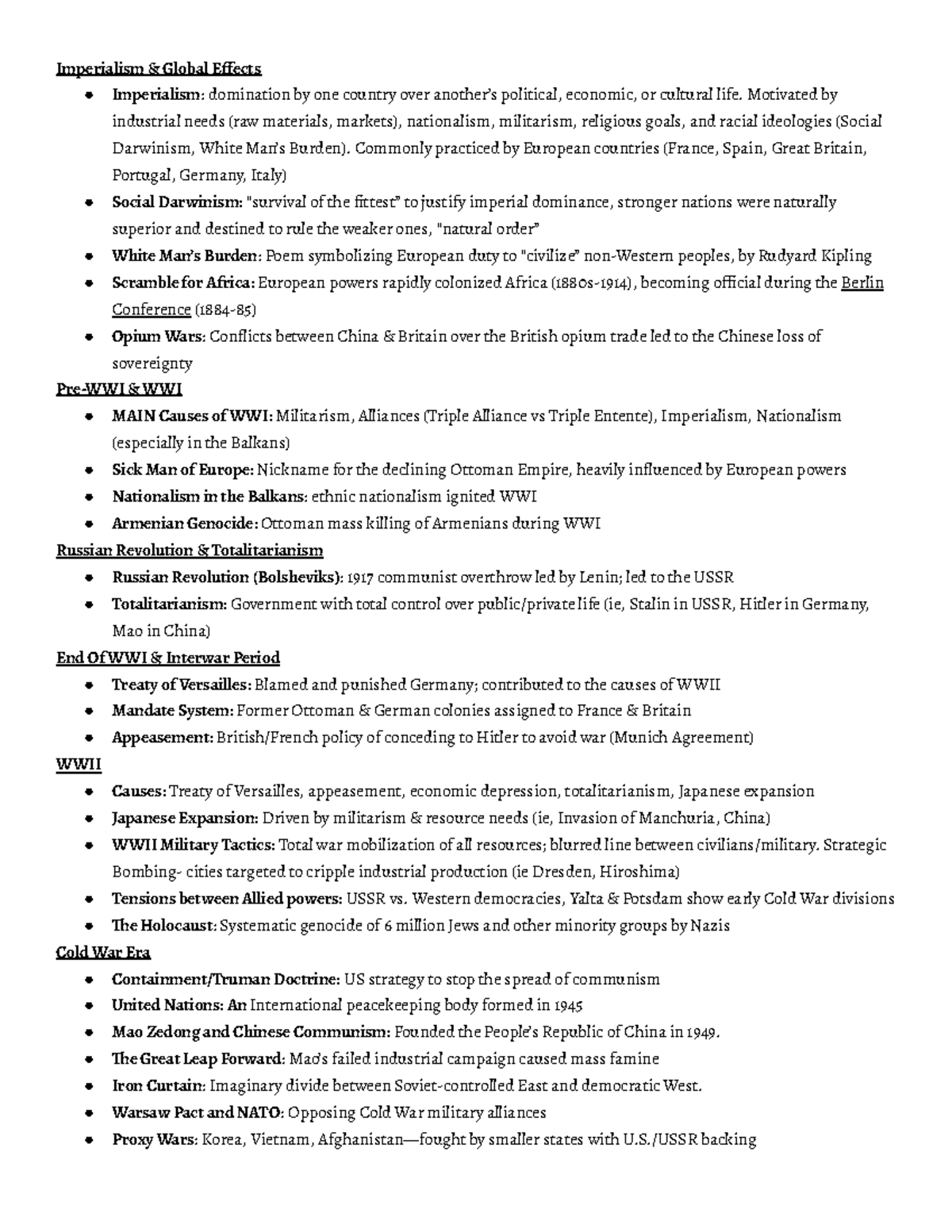 Final Exam - World History Notes (Imperialism to Cold War) - Studocu