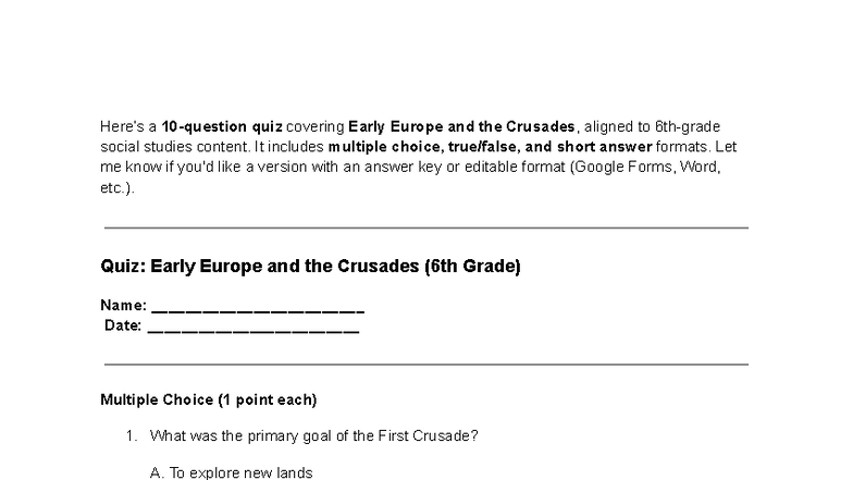 6th Grade Quiz: Early Europe & Crusades (Social Studies) - Studocu