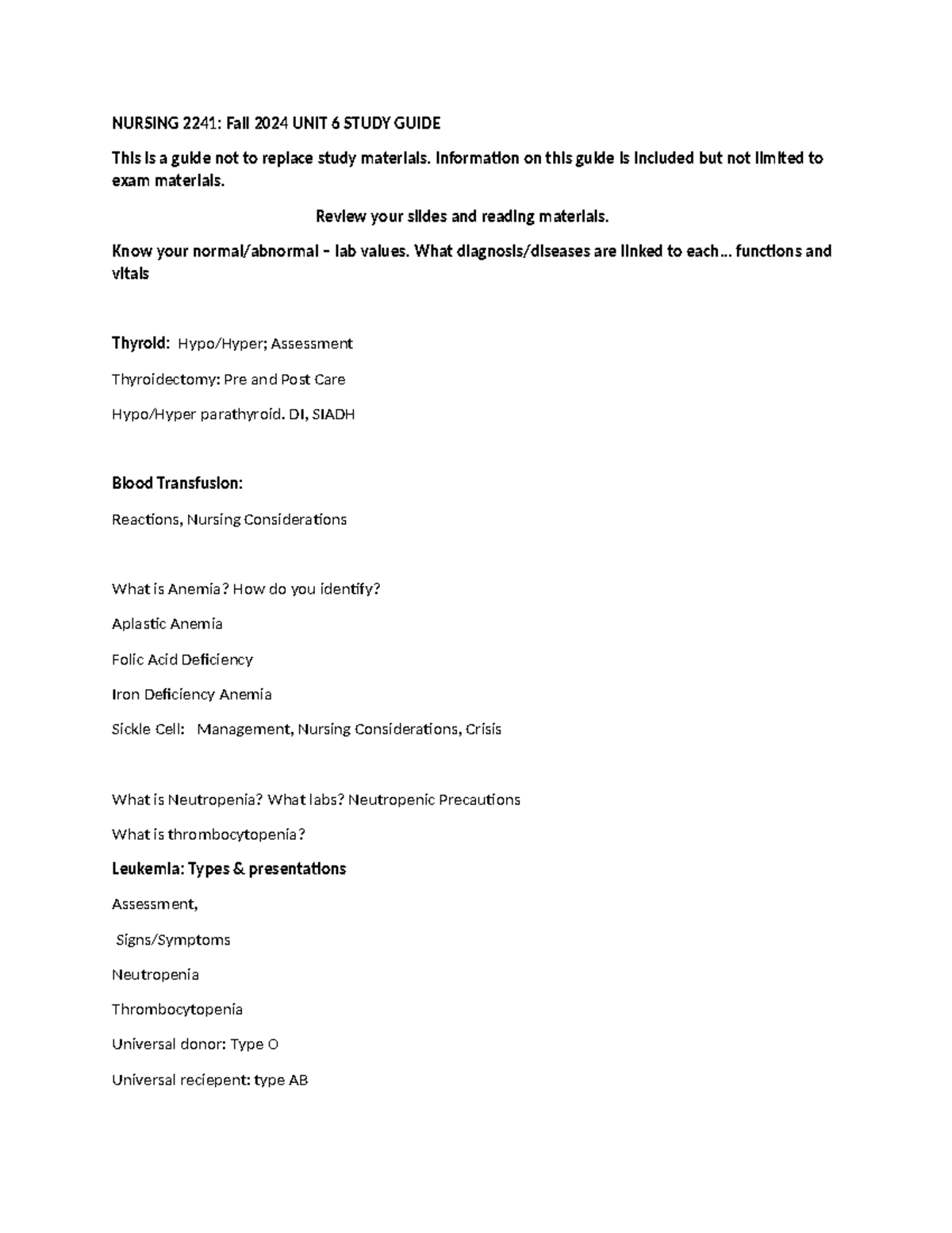 2241 Unit 6 Exam Study guide Fall 2024 - NURSING 2241: Fall 2024 UNIT 6 ...