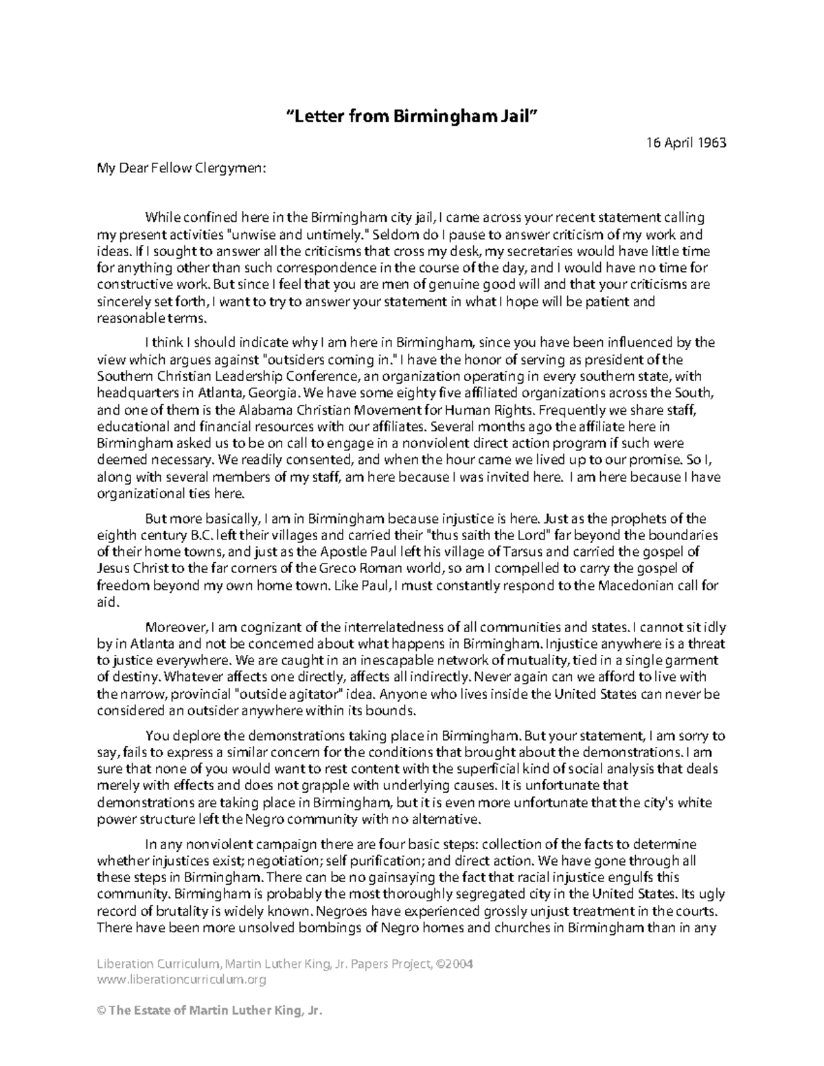 MLK - Analysis and Insights from "Letter from Birmingham Jail" - Studocu