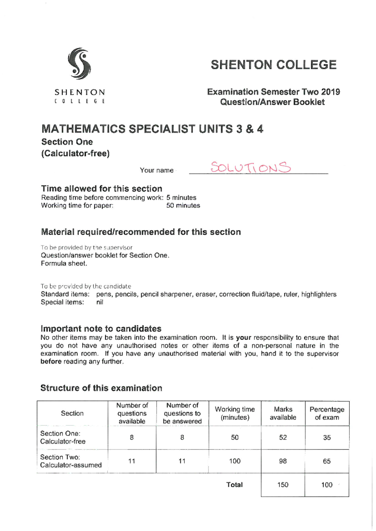 Shenton College Mathematics Specialist Units 3 & 4 Exam Solutions 2019 ...