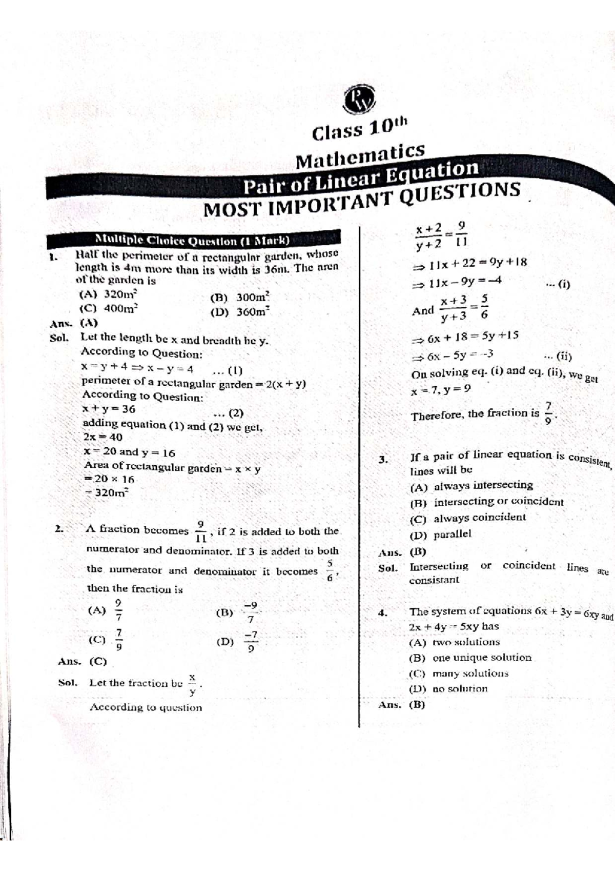 Class 10ᵗʰ Mathematics Linear Equations MCQs - Important Questions ...