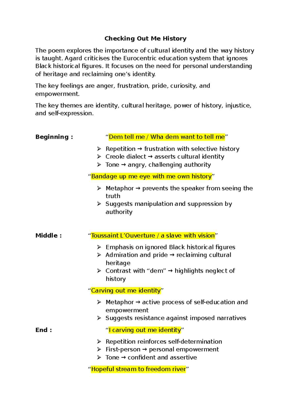 Checking Out Me History: Cultural Identity & Eurocentric Critique - Studocu