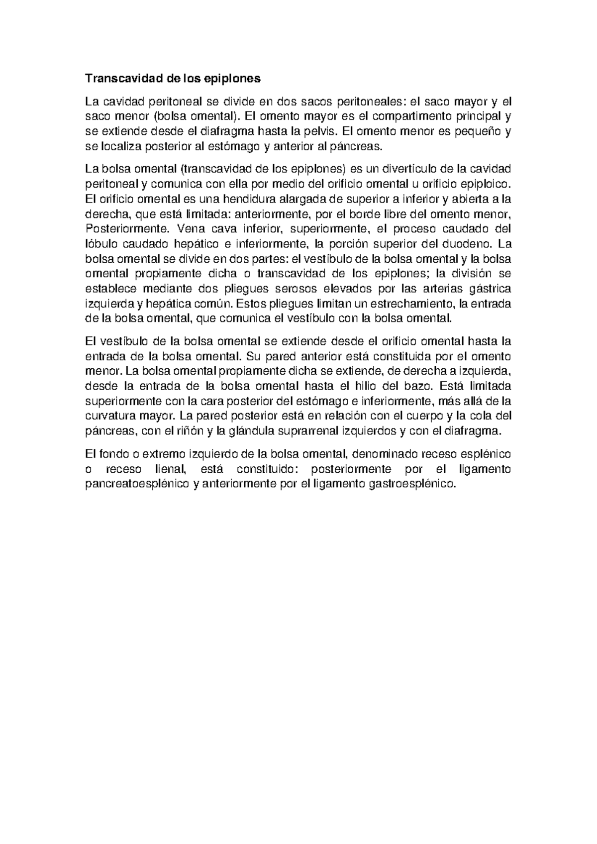 Transcavidad de los Epiplones: Anatomía de la Cavidad Peritoneal - Studocu