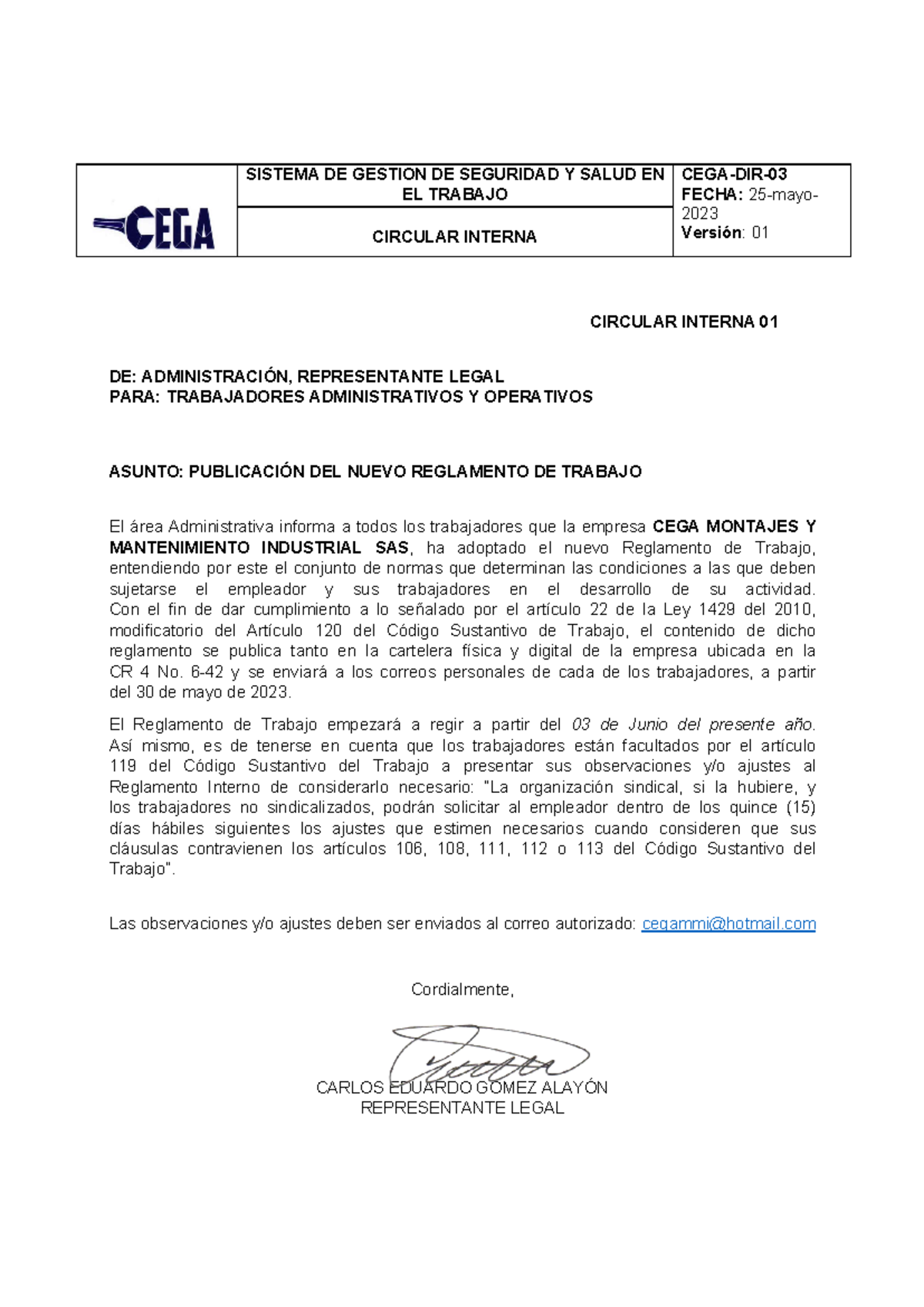 Circular Interna 01 - Nueva Reglamento de Trabajo CEGA 2023 - Studocu