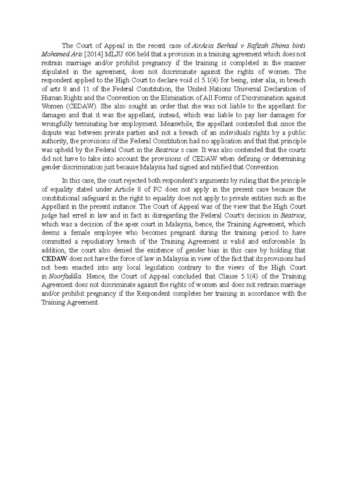Case Review: AirAsia Bhd v Rafizah Shima bt Mohamed Aris [2014] MLJU ...