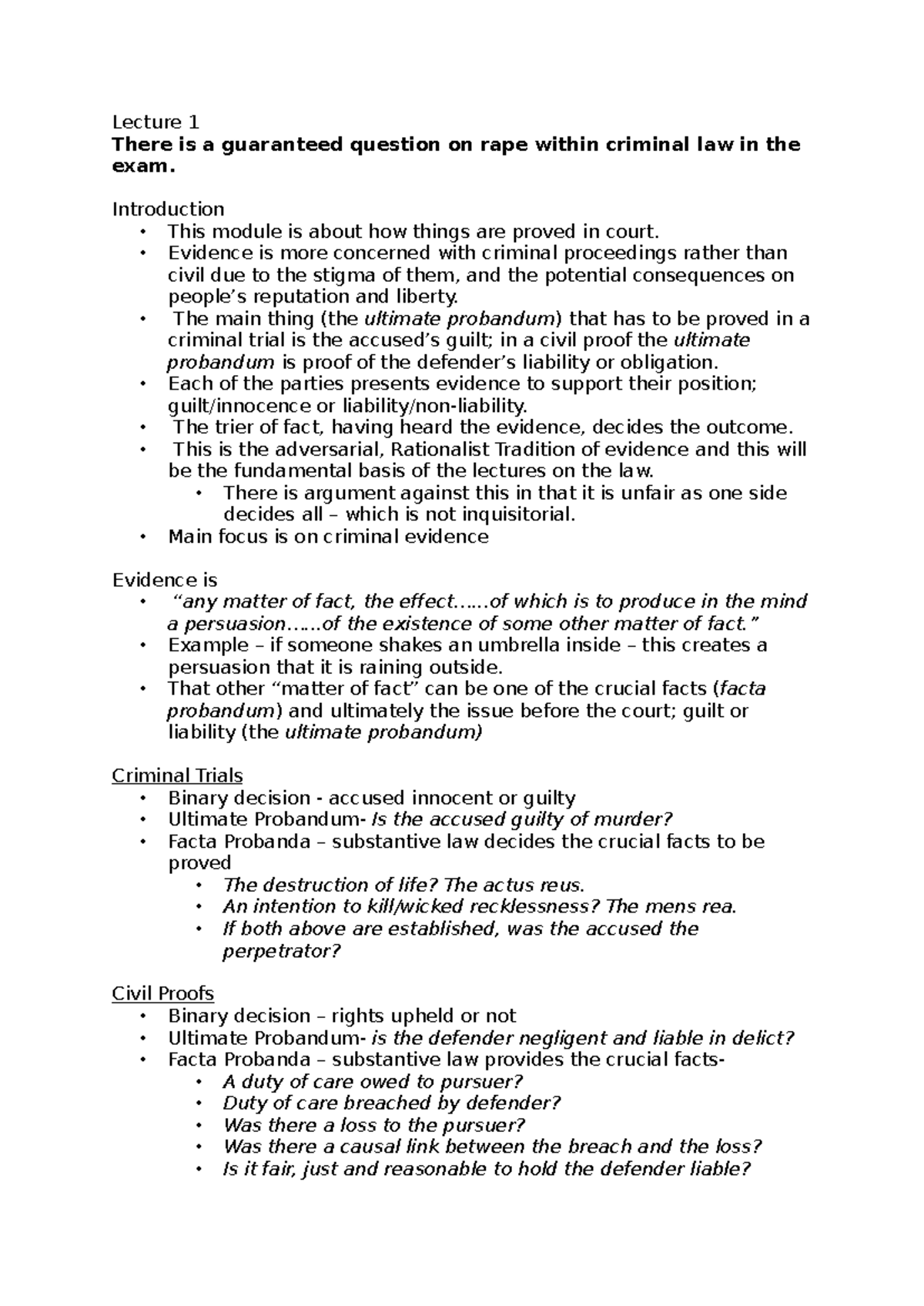 Criminal Evidence Law Overview: Insights from Lecture 1 (LAW101) - Studocu