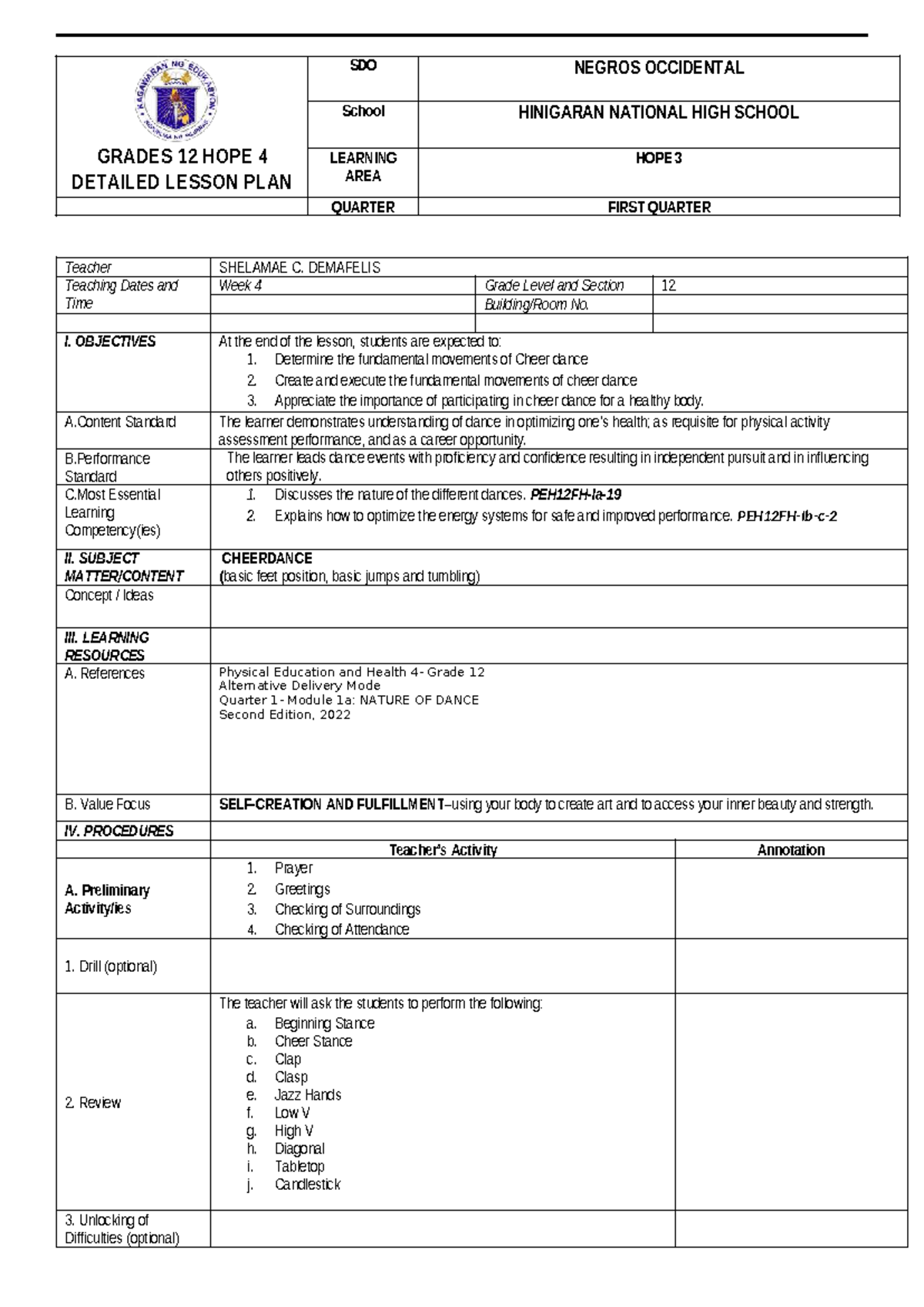 HOPE 3 Grade 12 Lesson Plan: Cheer Dance Fundamentals - Q1 Week 4 - Studocu