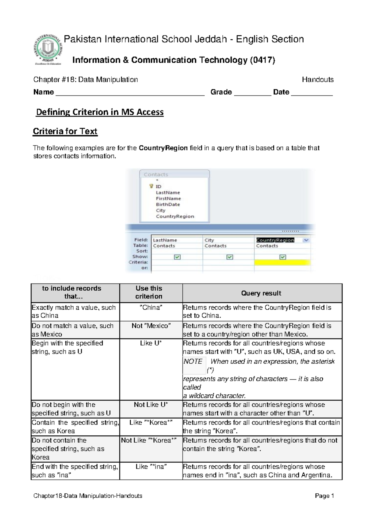 MS Access Criteria Operators-1 with formatting - Pakistan International ...