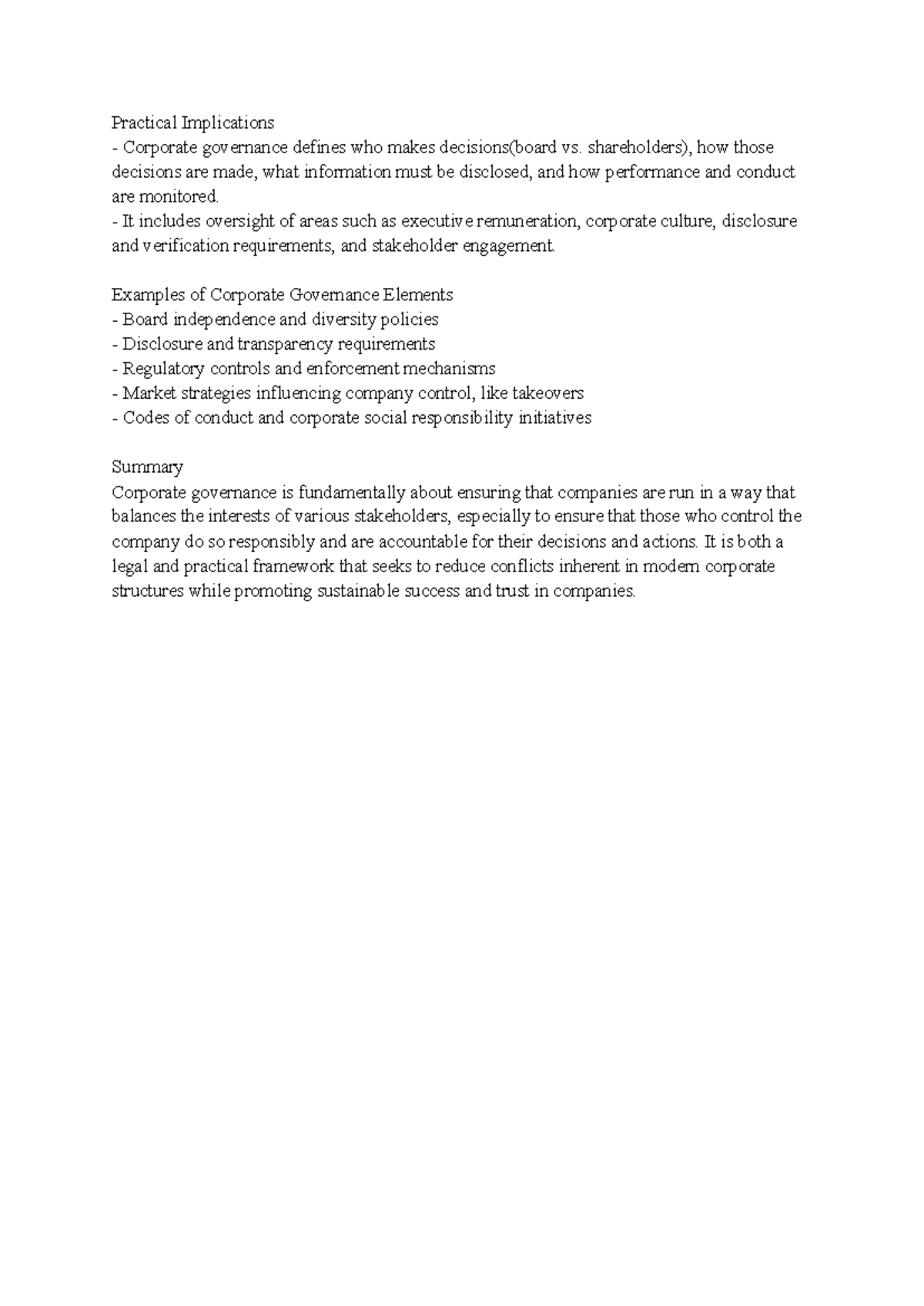 Corporate Governance: Practical Implications and Key Elements - Studocu