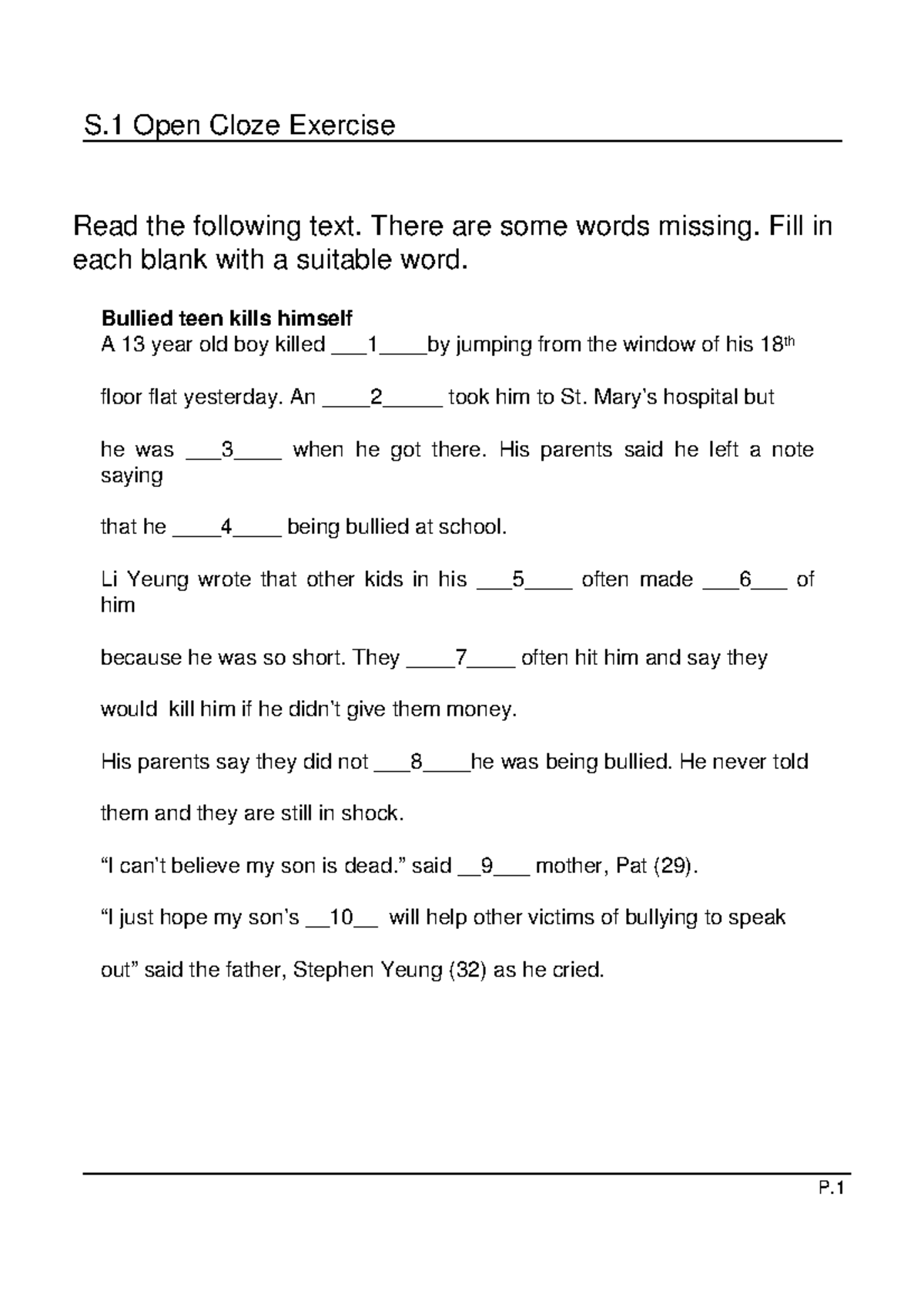 S1 Open Cloze Exercises with Answers: Vocabulary Fill-in Tasks - Studocu