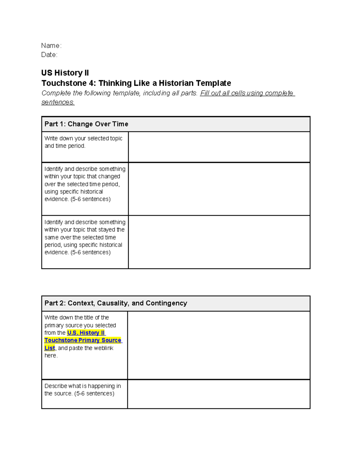 US History II Touchstone 4: Thinking Like a Historian Template Guide ...