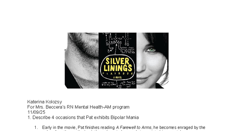 Silver Linings Playbook (RN) Mental Health Analysis Worksheet - Studocu