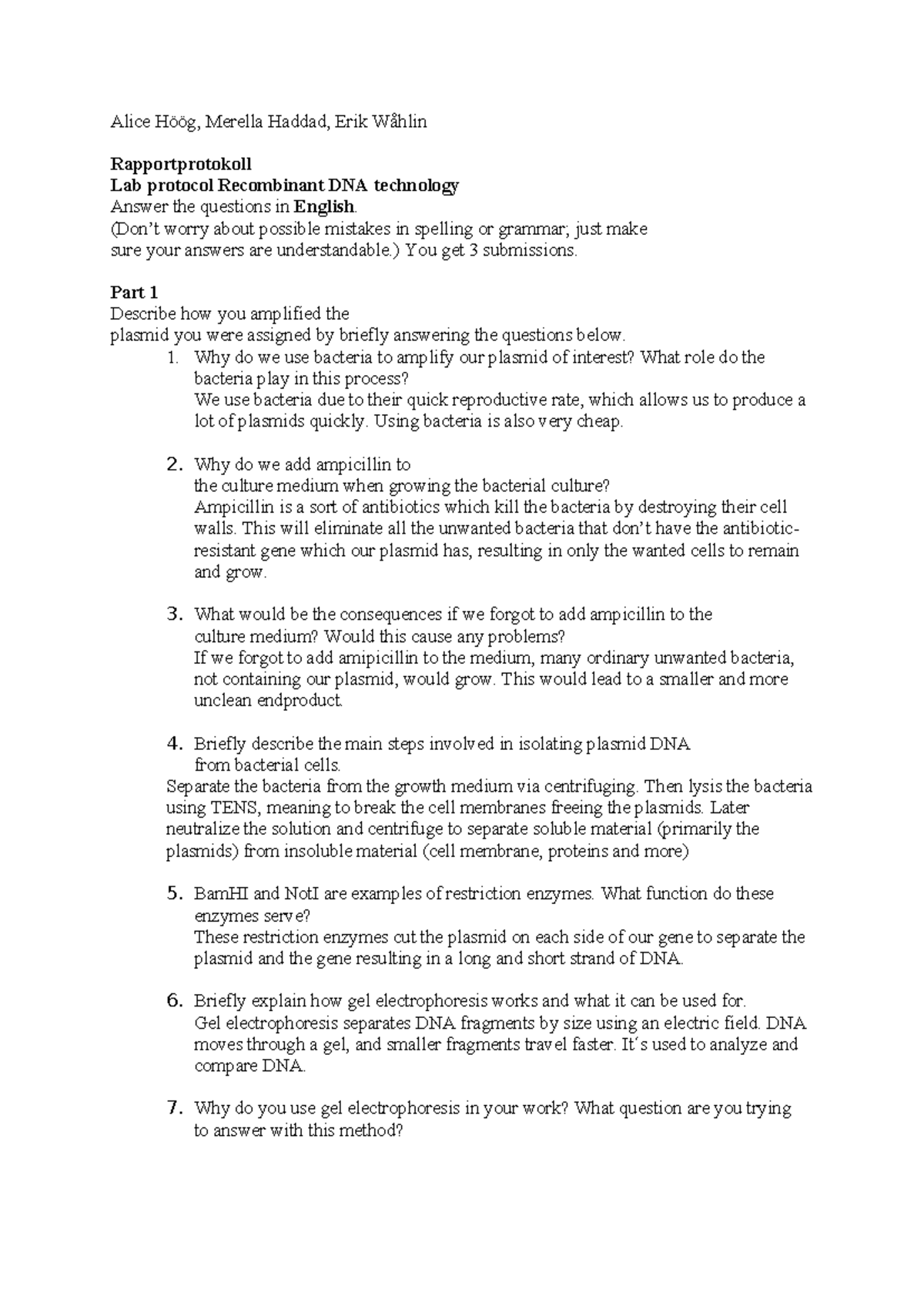 Labb Protokoll: Recombinant DNA Technology (Course Code: BIO101) - Studocu