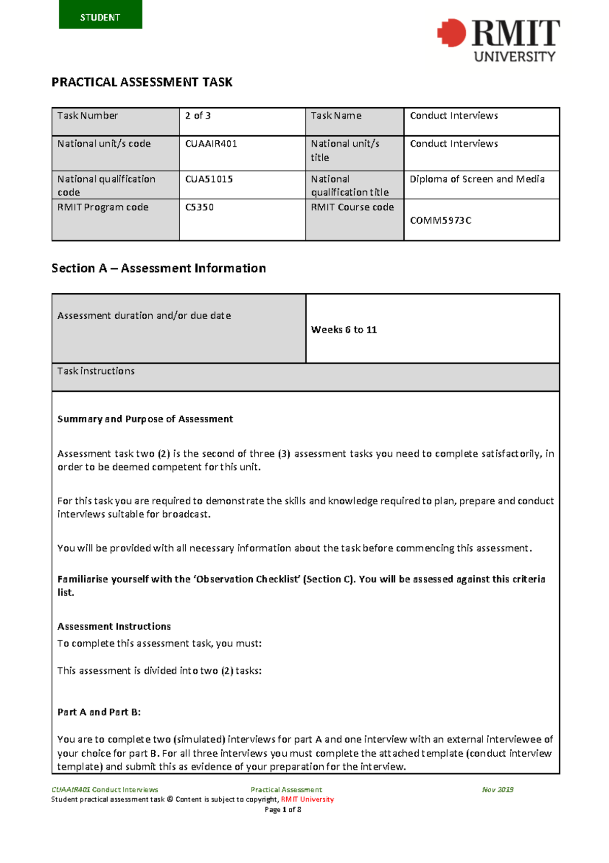 CUAAIR401 Conduct Interviews Practical Assessment Task 2 Guide - Studocu