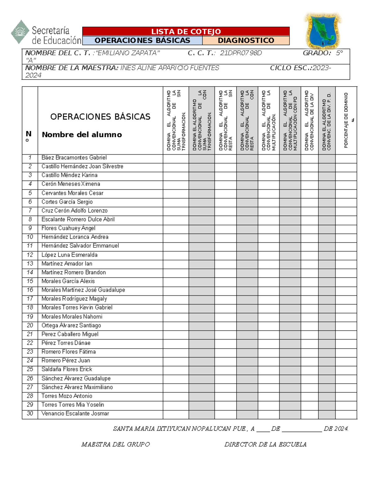 Lista de Cotejo: Operaciones Básicas y Algoritmos - 2024 - Studocu