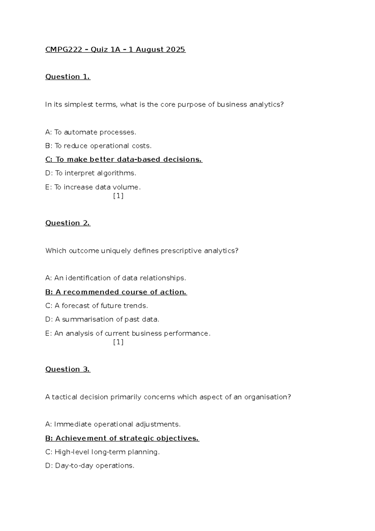 Quiz 1A - CMPG222 Business Analytics Questions and Answers - Studocu