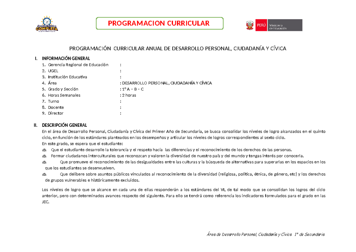 Programación Anual 1ro D.P.C.C: Desarrollo Personal y Ciudadanía - Studocu