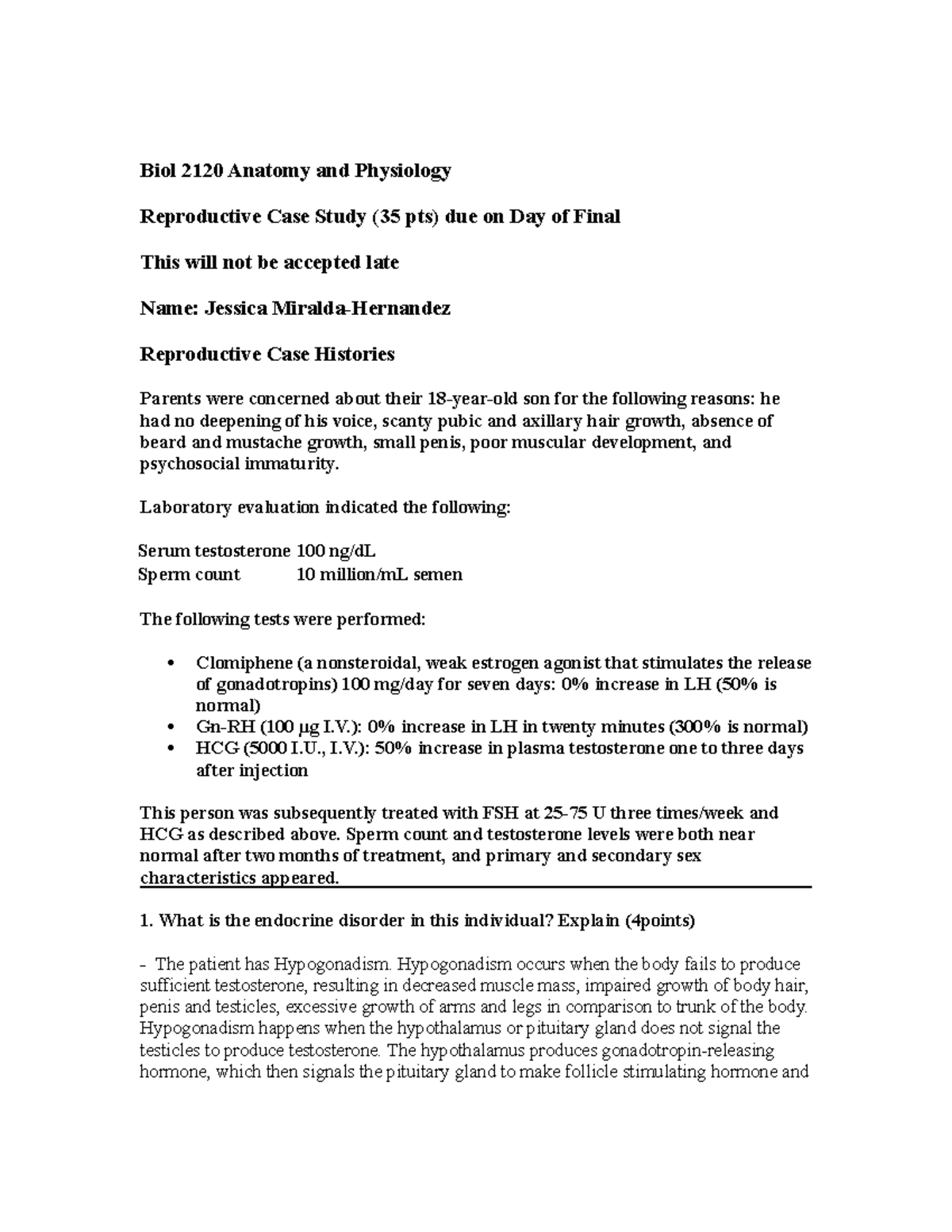 Biol 2120 Final Exam Reproductive Case Study SP 18: Hypogonadism ...