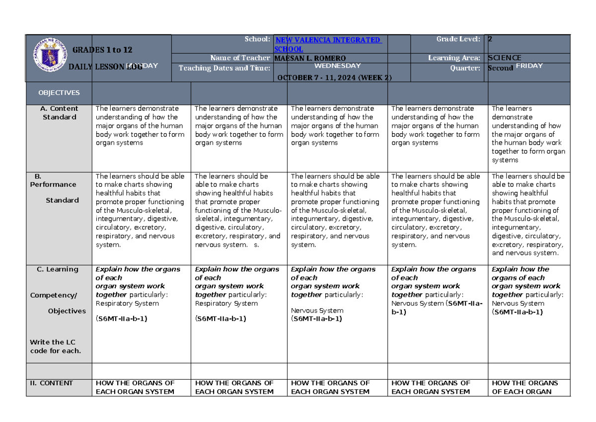 DLL Science 2 Q2 W2 - Daily Lesson Log for Human Body Systems - Studocu