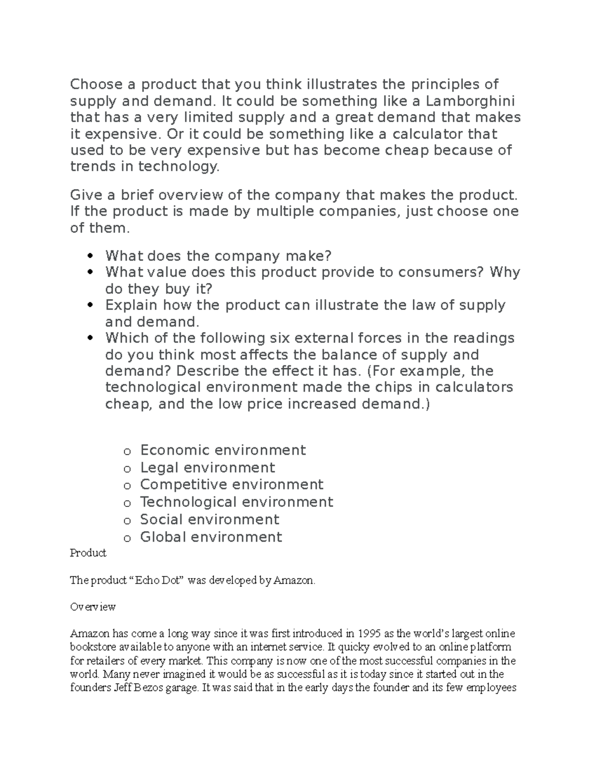 ECON 101 Week 1 Discussion: Understanding Supply & Demand through Echo ...