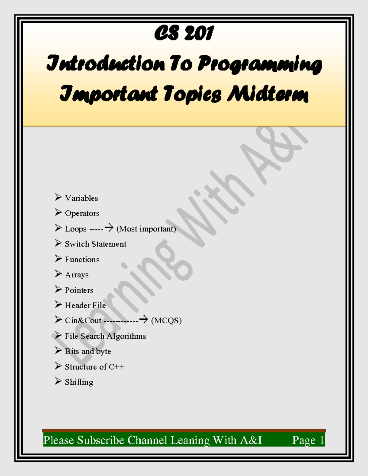CS 201 Midterm Important Topics: Variables, Loops, Functions & More ...